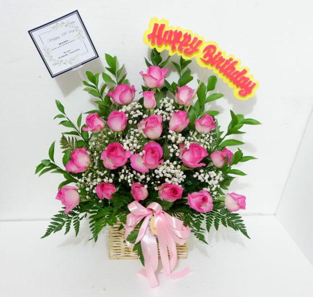 Bunga Meja Mawar Pink Happy Birthday- Naqie Florist